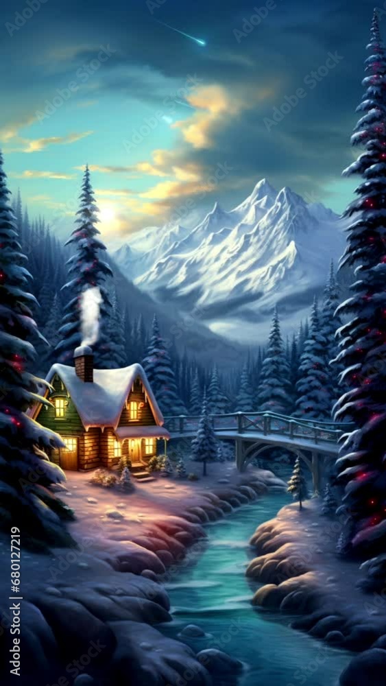 view of the village covered in snow, loop video background animation ...