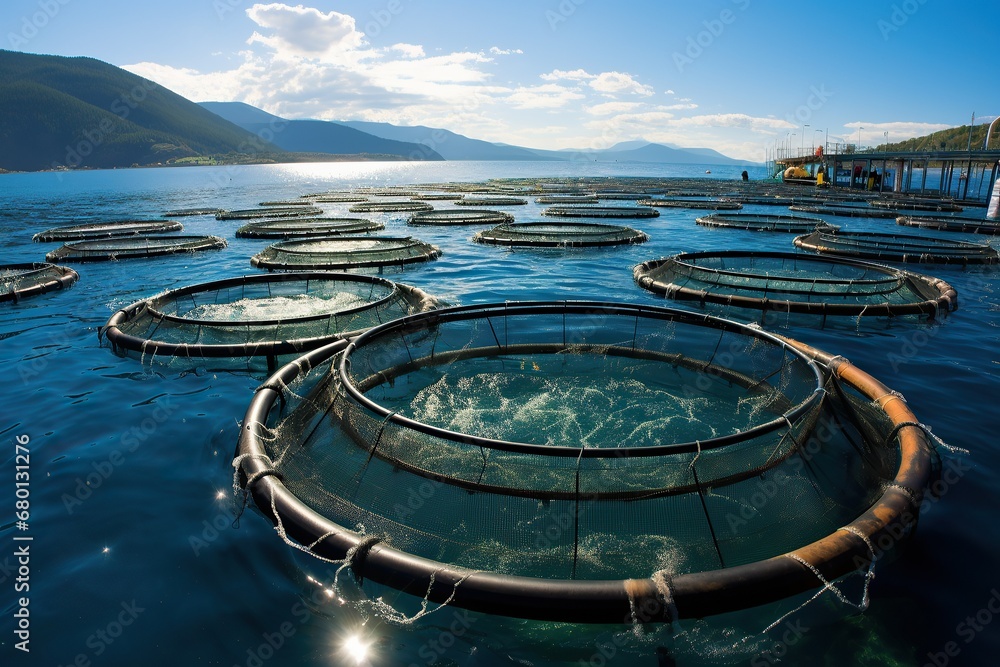 An aquaculture fish farm with circular cages floating on a serene ...