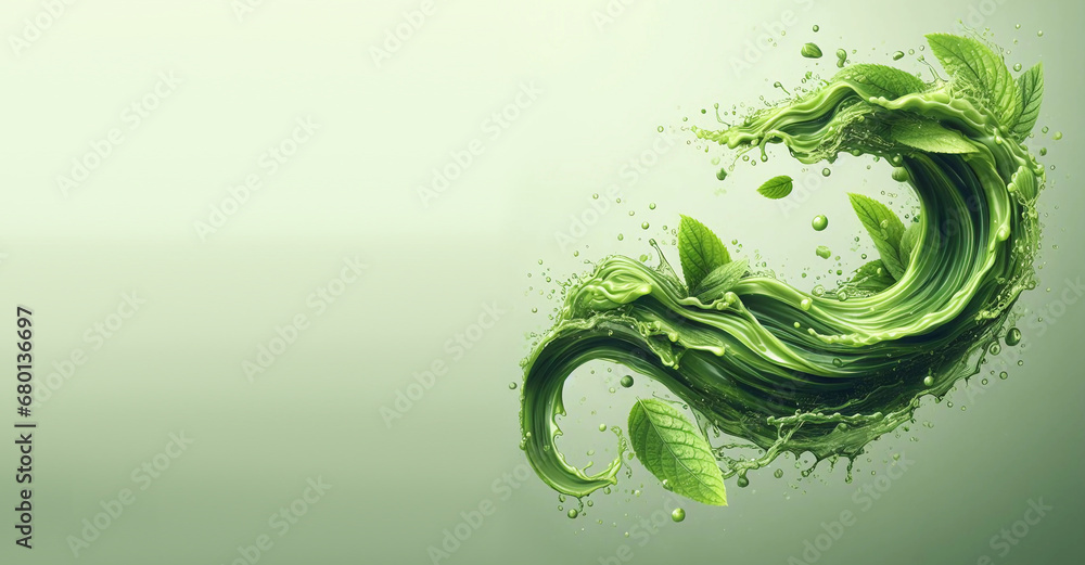 Herbal tea drink wave splash with green tea leaves and water flow ...