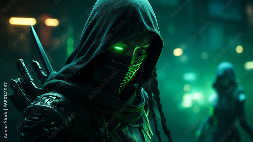 green samurai ninja, deadly warrior in the shadows, terrifying assassin ...