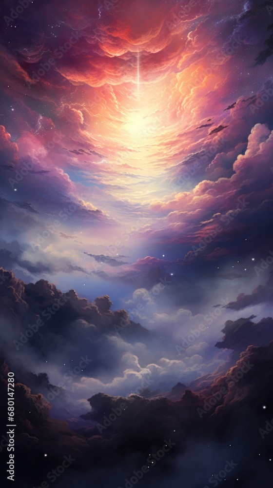Celestial skies filled with vibrant hues and shining stars above misty ...