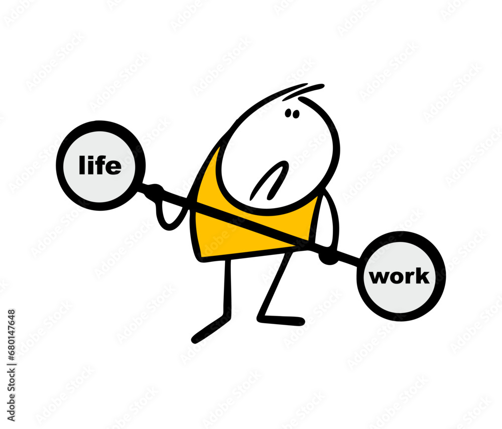 Cartoon frustrated man is holding a barbell with a load in his hands ...