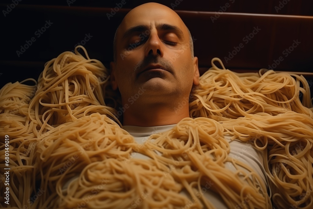 Bald man with bristle sleeping in noodles. A slumber among spaghetti ...