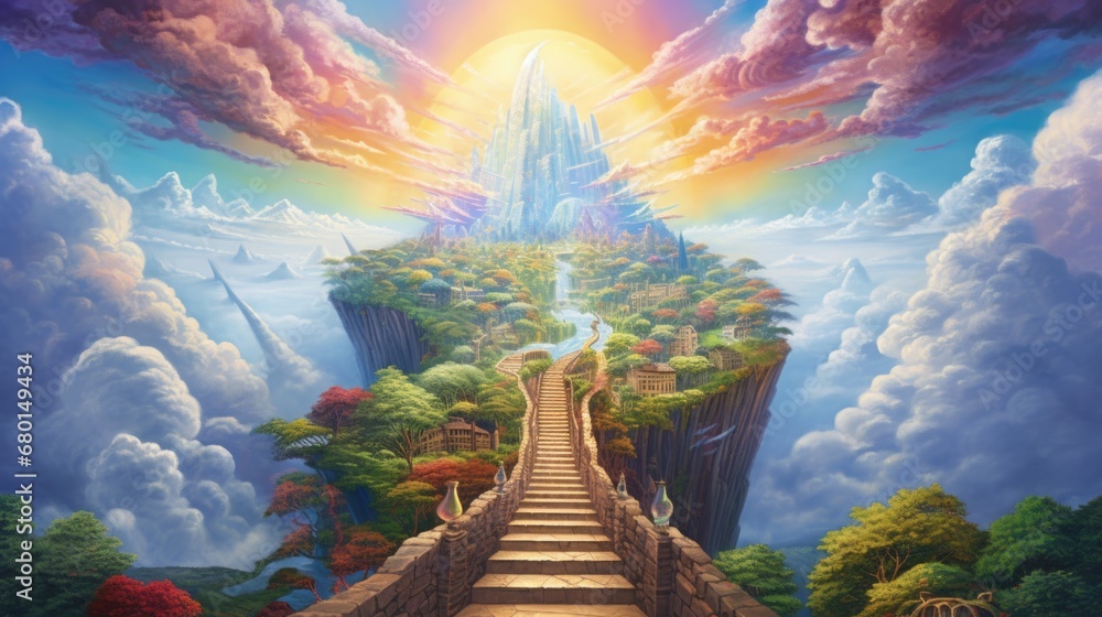 Mystical city atop cliffs surrounded by vibrant clouds with a ...