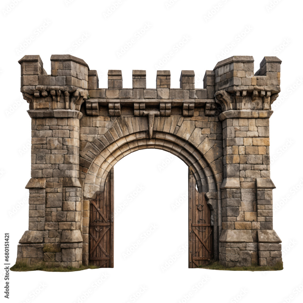 Rock gate. Wooden door in medieval castle. Ancient arched gate. Fantasy ...