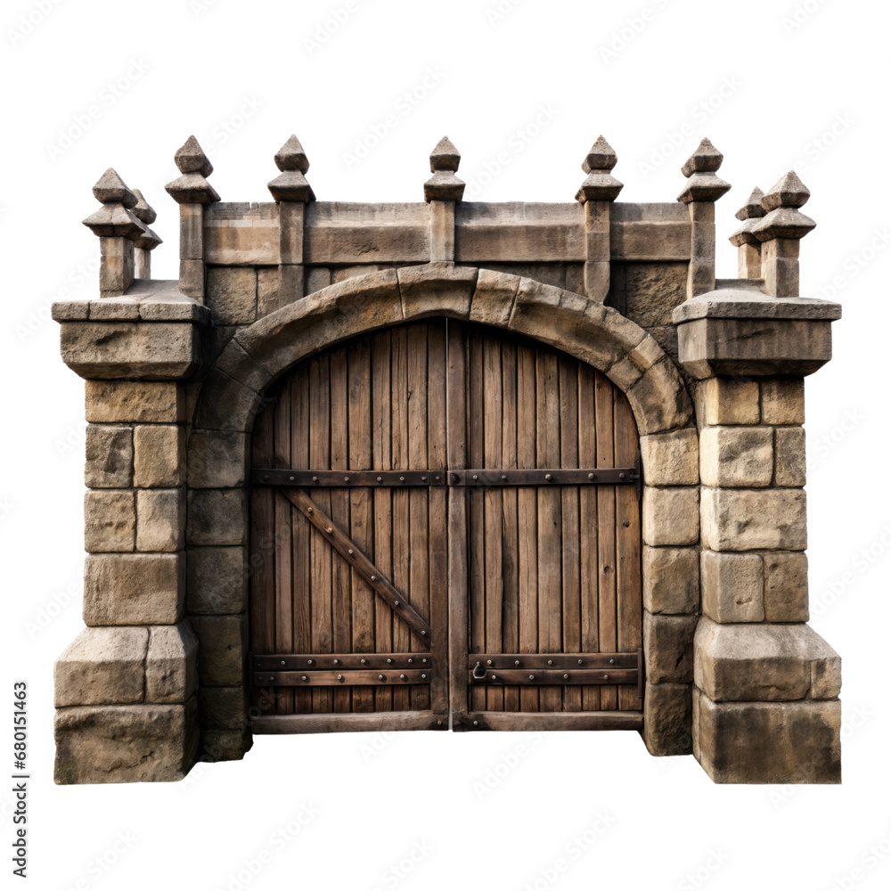 Rock gate. Wooden door in medieval castle. Ancient arched gate. Fantasy ...
