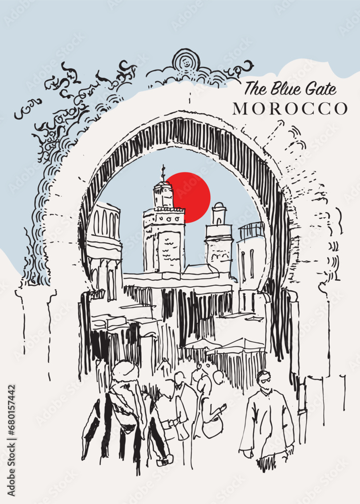 Drawing sketch illustration of the Blue Gate in Fez, Morocco Stock ...