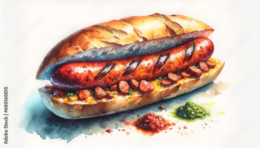 Watercolor depiction of an Argentine Choripán with grilled chorizo in a ...