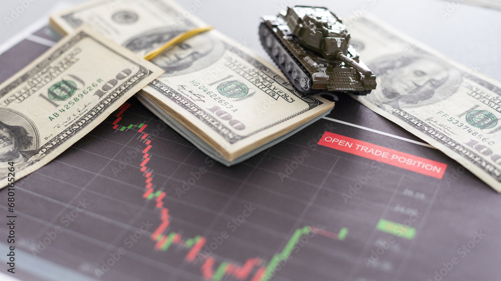 The main battle tank on US dollar bill banknotes background. U.S.A. and ...