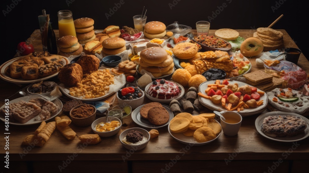 Table full of unhealthy junk food – burgers, chips, potato, white bread ...
