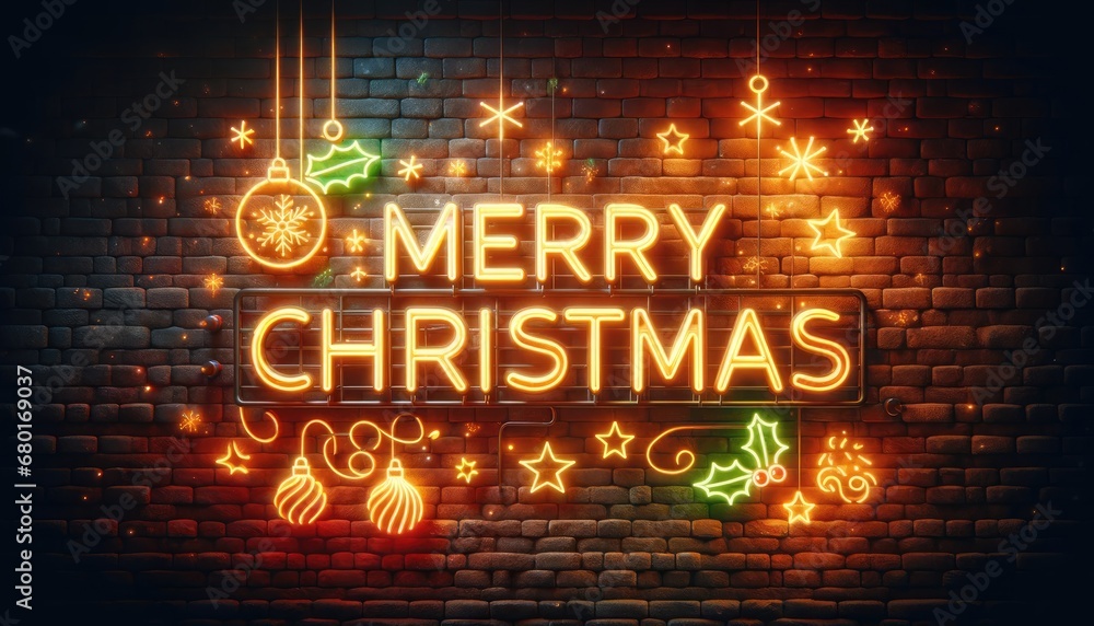 Merry Christmas background, A brick wall with neon Merry Christmas ...