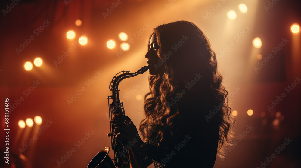 woman with beautiful long curly hair playing a saxophone, silhouette of ...