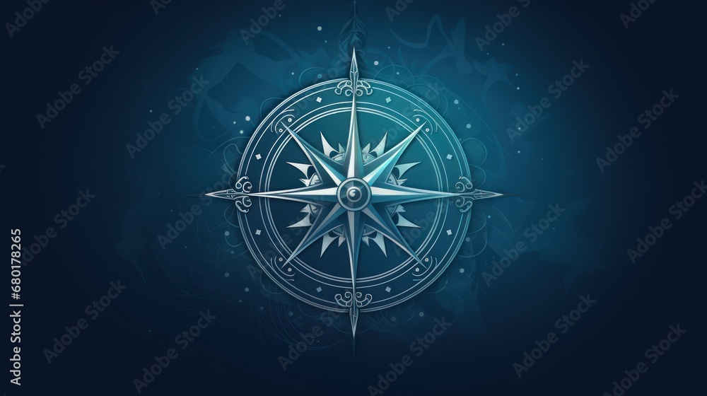 a blue and white compass on a dark blue background with a light shining ...