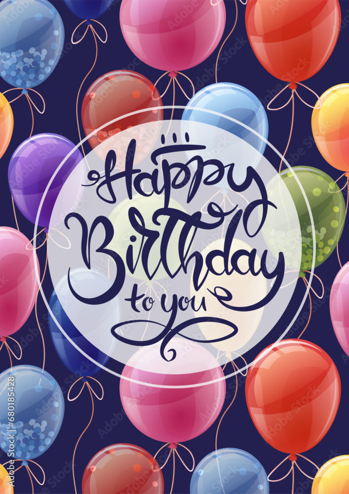 Birthday greeting card template. Banner, flyer with colorful balloons ...