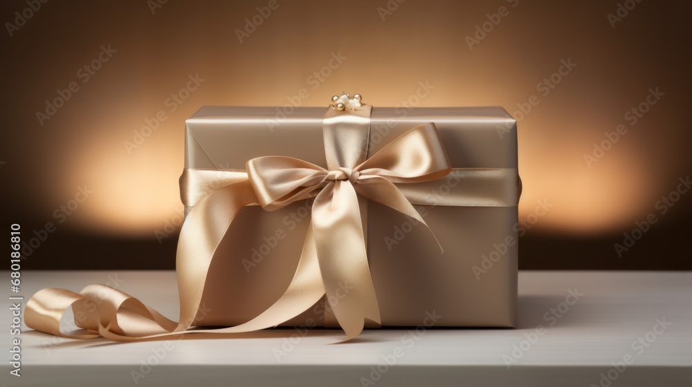 a shiny gift box with a gold ribbon and a bow on a white surface with a ...