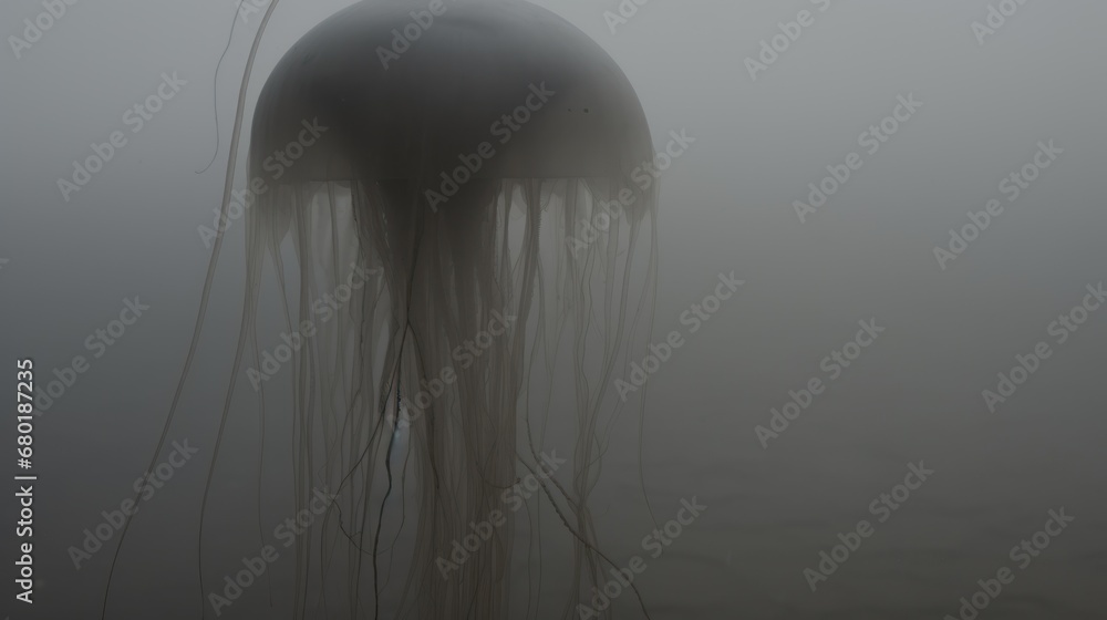 a close up of a jellyfish in a foggy area with only one jellyfish in it ...