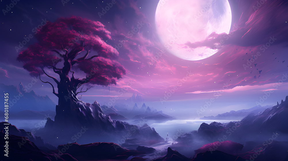 a purple moon and pink tree near a purple landscape, in the style of ...