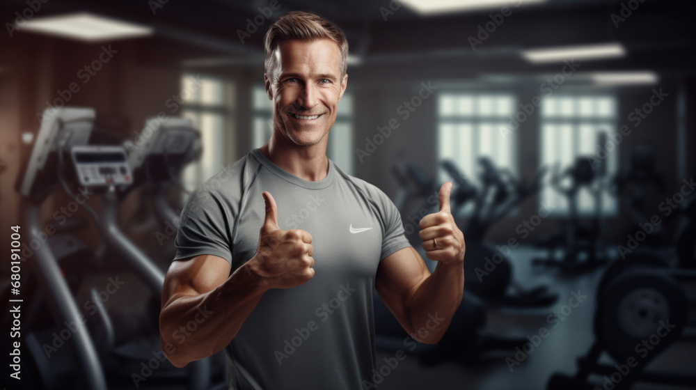 In this dynamic scene, a fitness coach stands in a gym, giving a double ...
