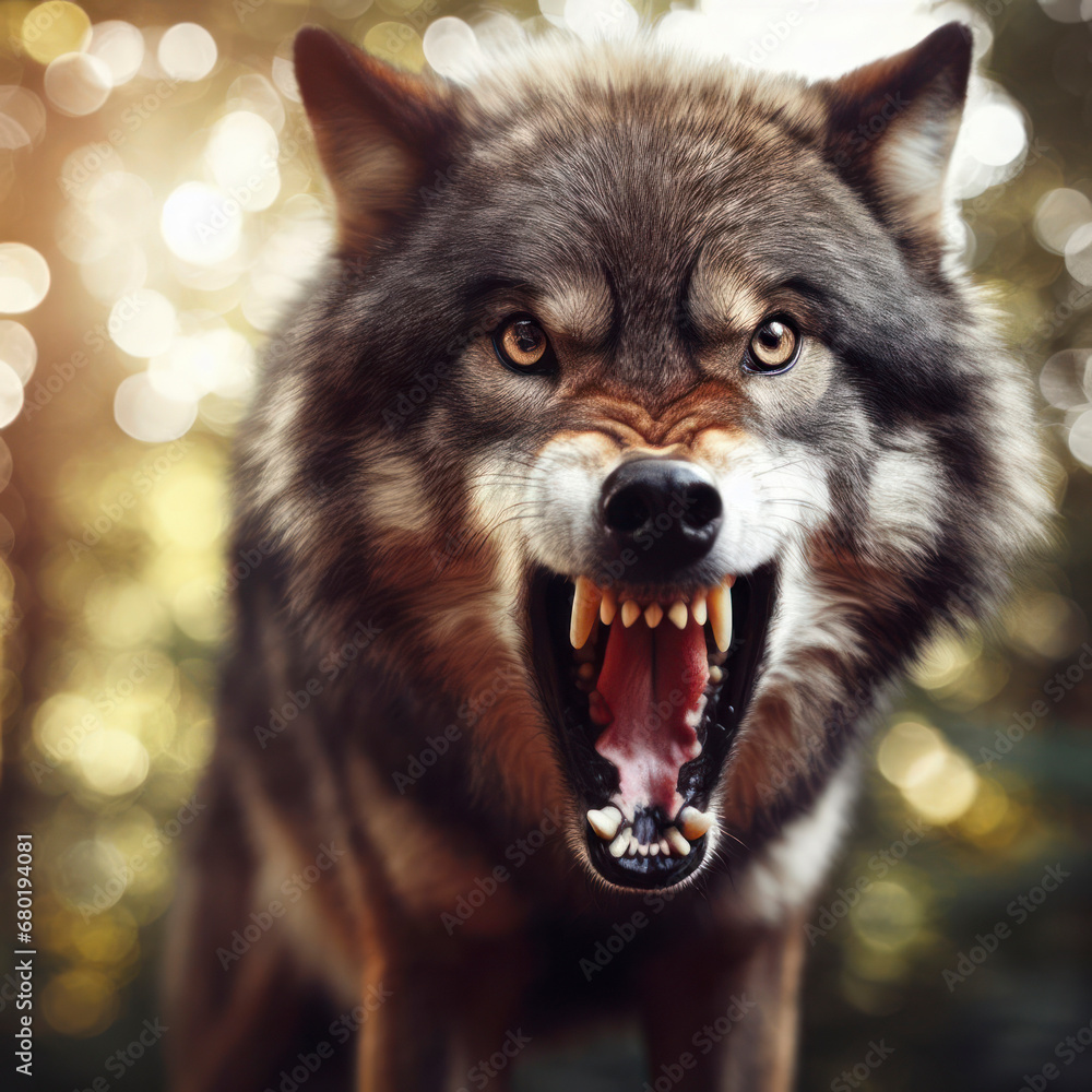 Photo of a Shocked real angry wolf on nature bokeh background. ai ...
