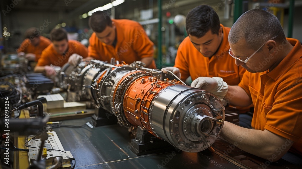In an aerospace factory, rocket engineers are building a rocket.. Stock ...