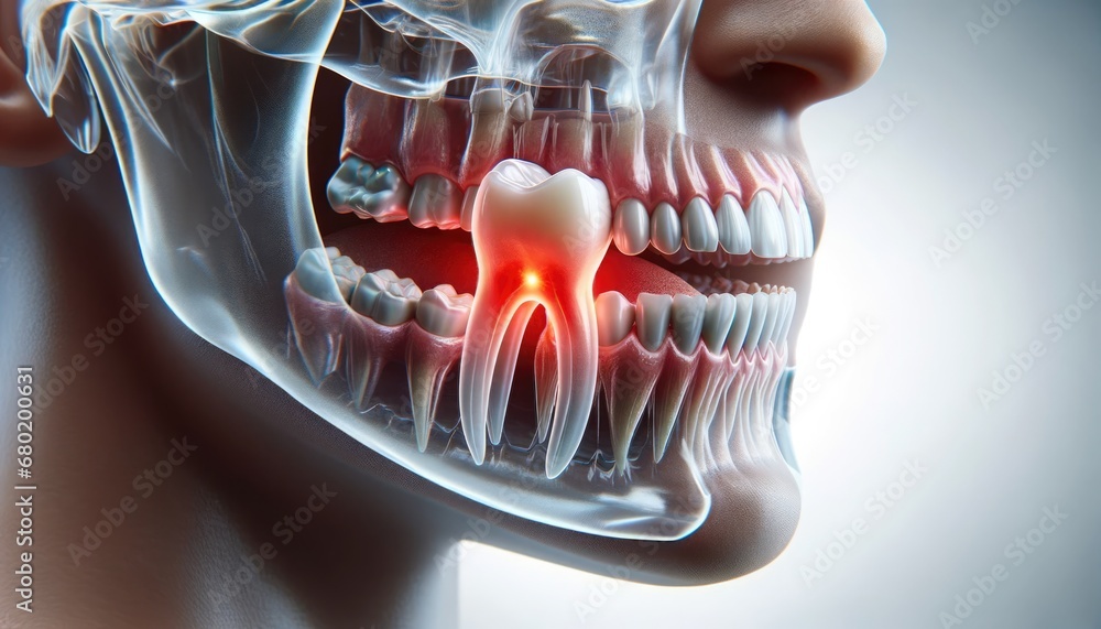 A medical image illustrating a transparent view of the human jaw, with ...