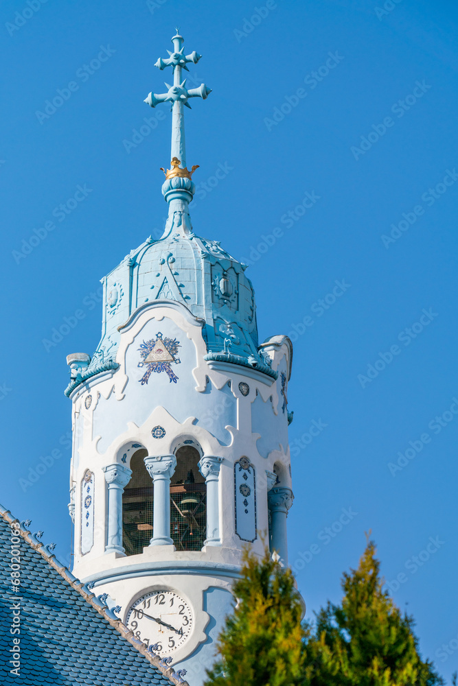 Bratislava Blue Church close up of Art Nouveau clock tower with copy ...