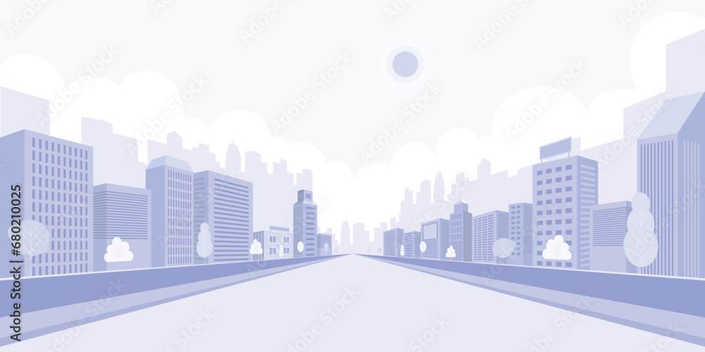 Light violet cityscape background. City buildings with trees beside the ...
