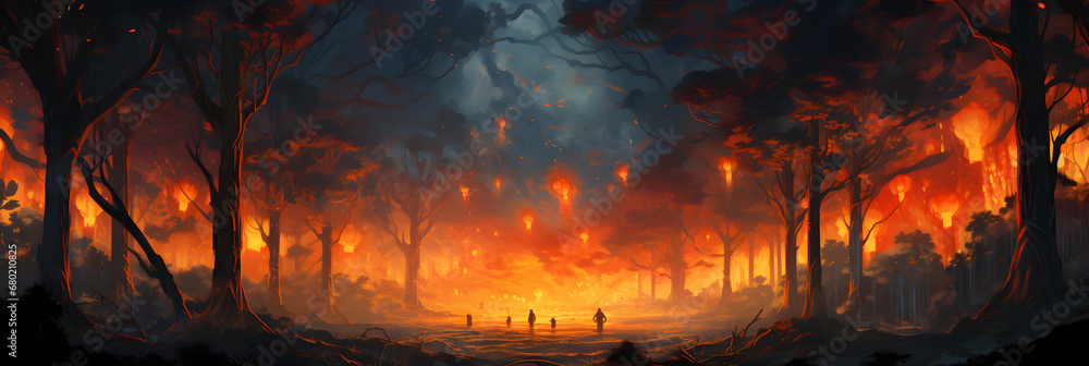 panorama of a forest fire, burning trees and bushes. conflagration ...