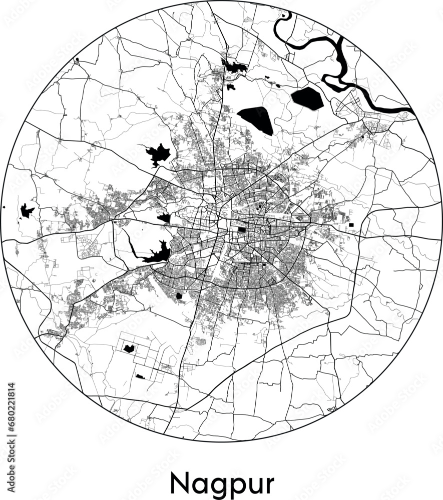 Minimal City Map of Nagpur (India, Asia) black white vector ...