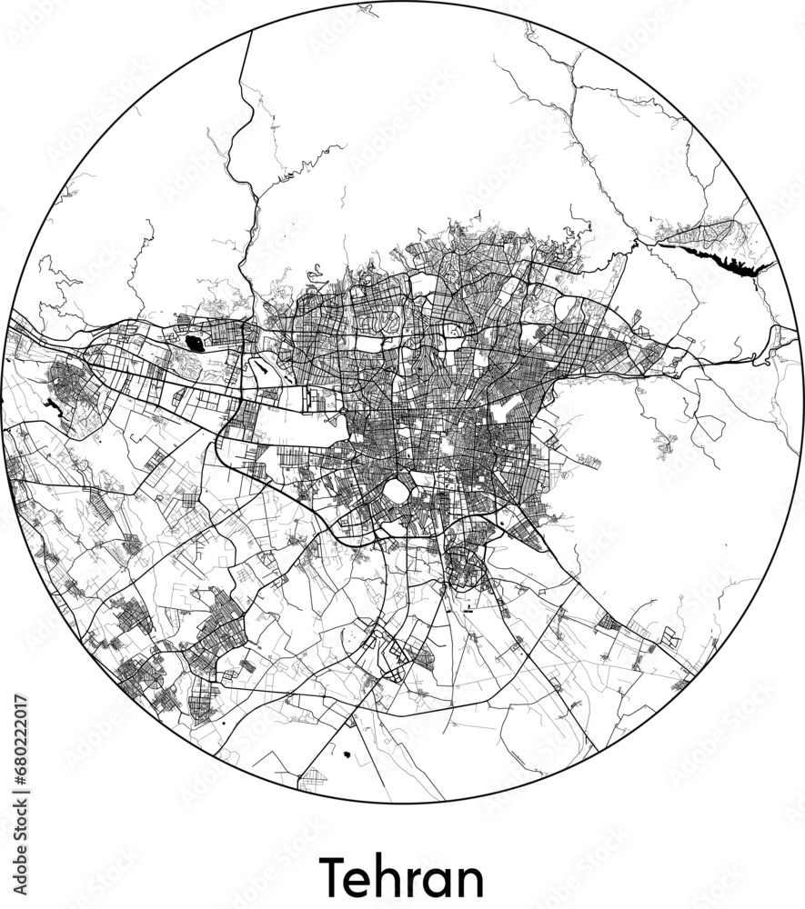 Minimal City Map of Tehran (Iran, Asia) black white vector illustration ...