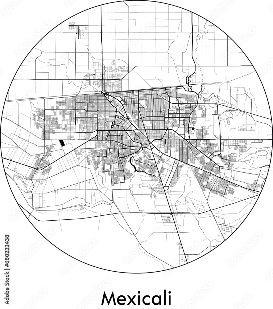 Minimal City Map of Mexicali (Mexico, North America) black white vector ...