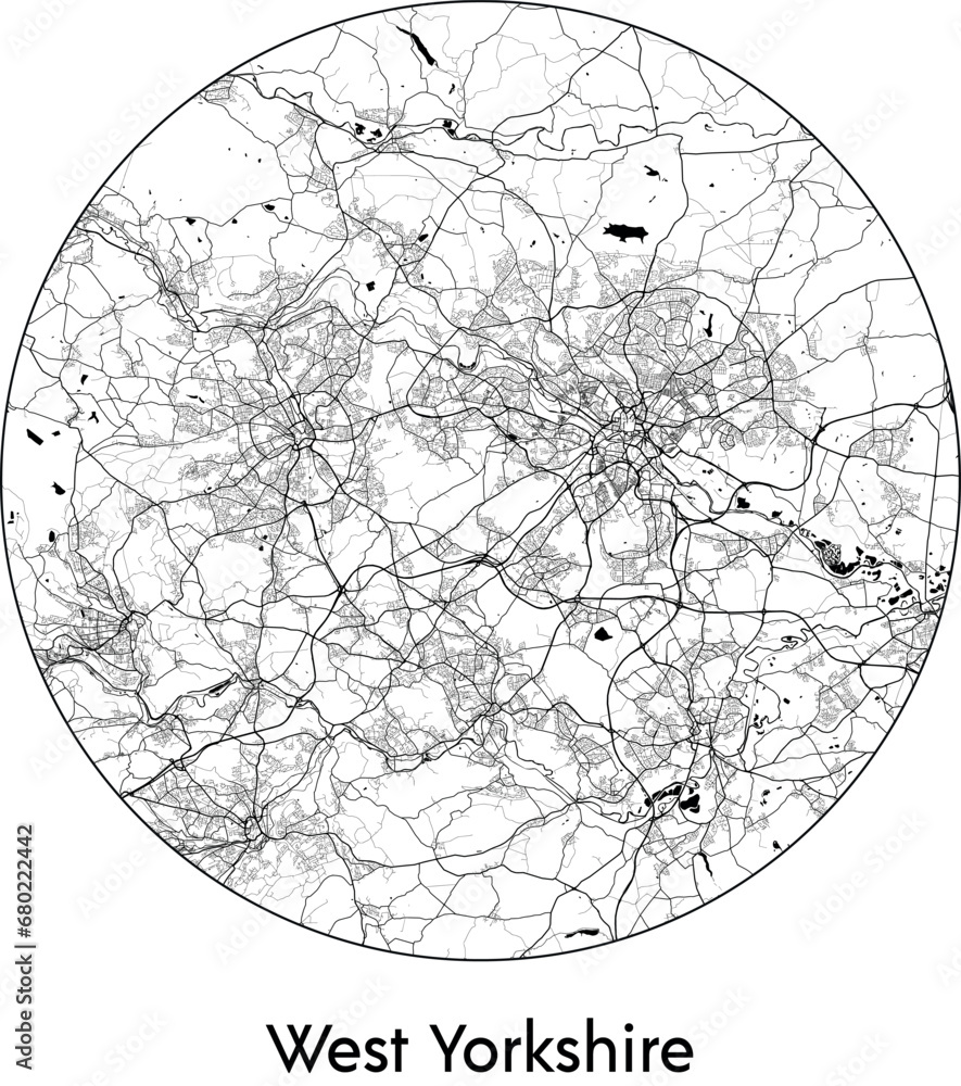 Minimal City Map of West Yorkshire (United Kingdom, Europe) black white ...