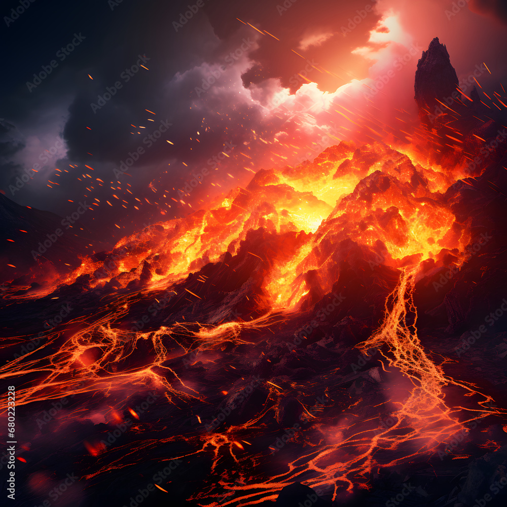 volcanic eruption, streams of incandescent lava flow down the slope ...