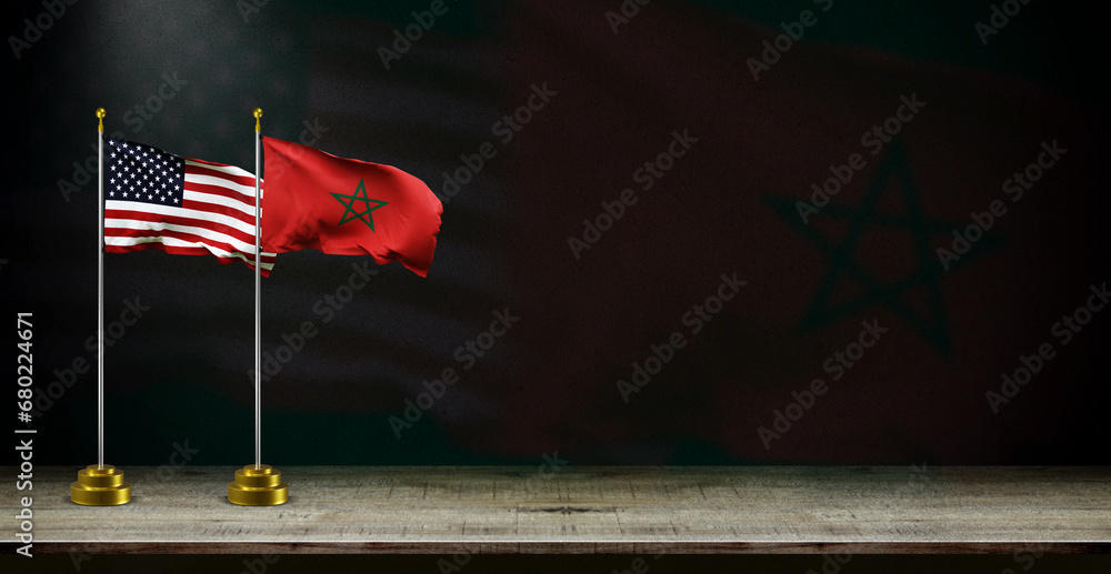 morocco and USA flag wave on dark background. digital illustration for ...