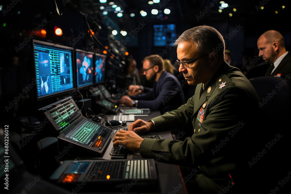Military officer in uniform working with multiple computers in a high ...