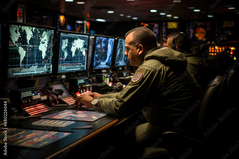 Military officers monitoring screens in a high-tech global surveillance ...