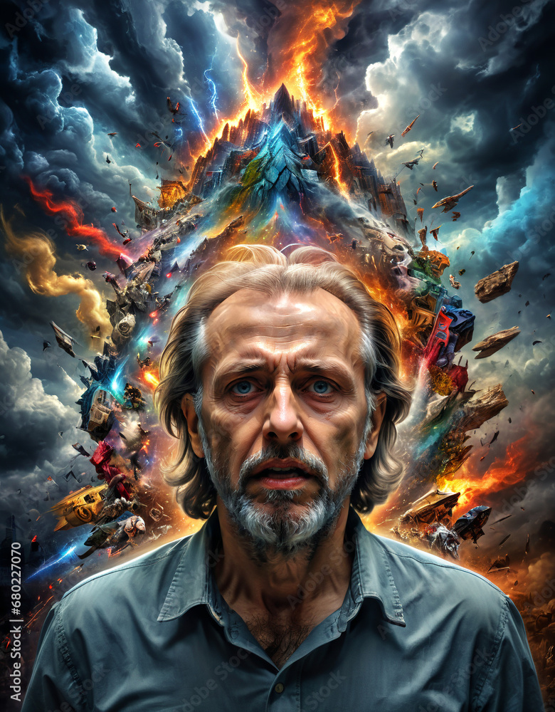 a man with a beard and a beard standing in front of a painting of a ...