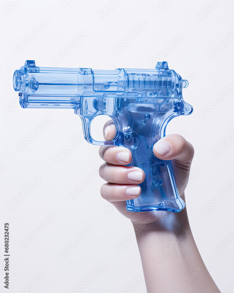 hyper realistic gun made of blue transparent plastic, toy in the hand ...