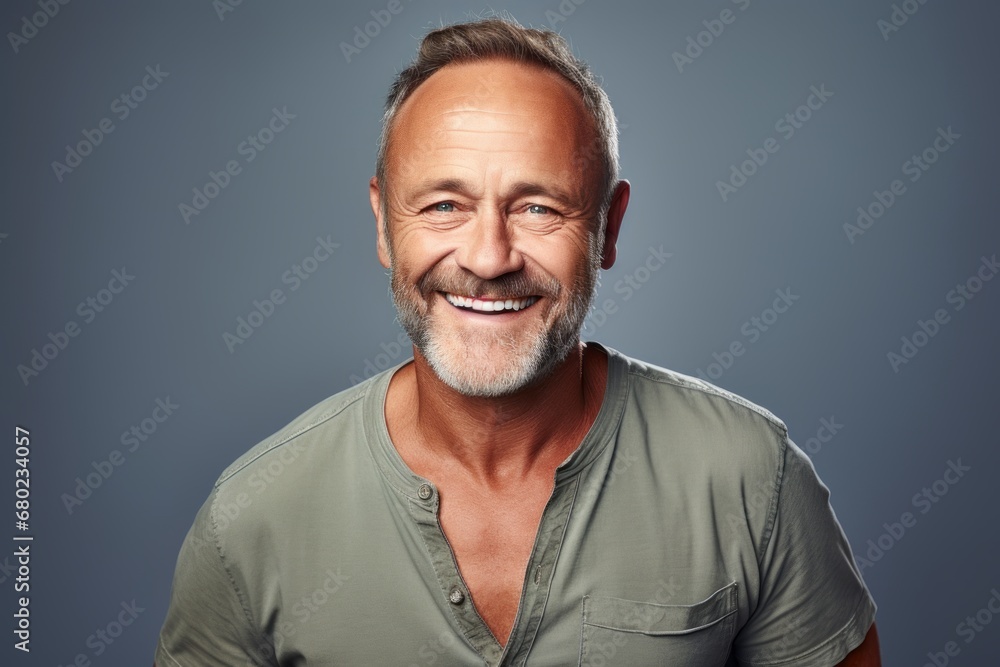 Portrait of a smiling man in his 50s donning a trendy cropped top ...