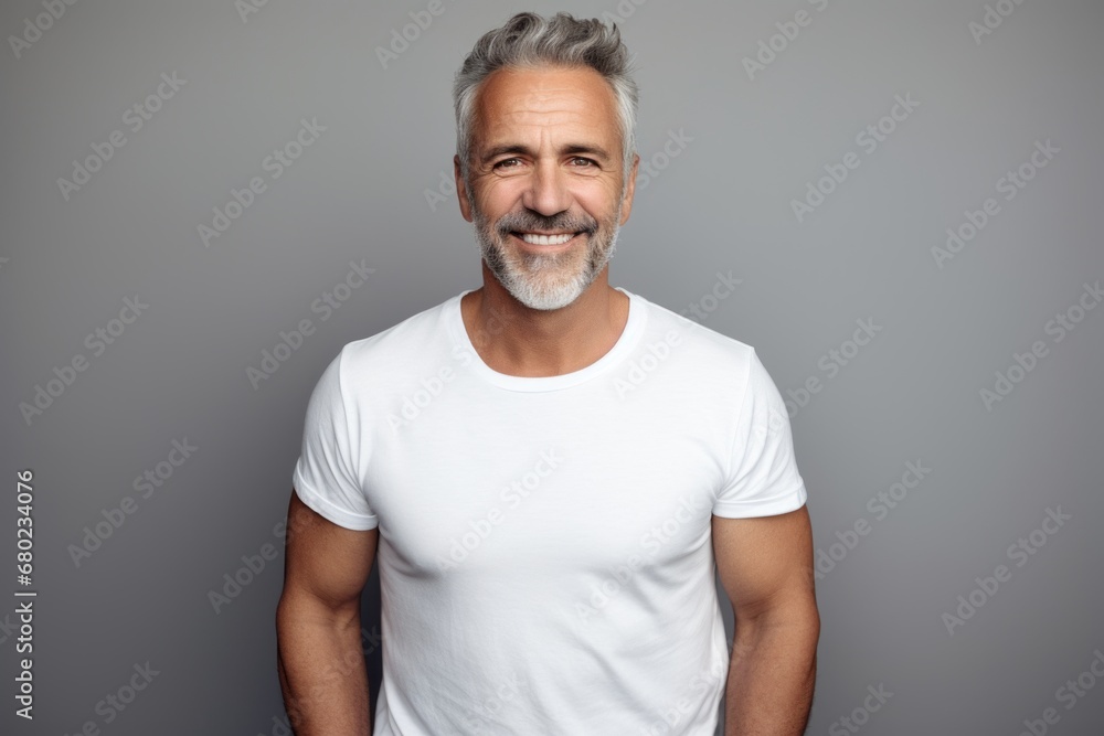 Portrait of a smiling man in his 50s donning a trendy cropped top ...