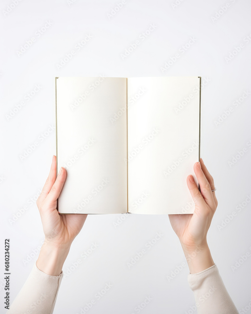 hands outstretched with an open white paper on a white background, open ...