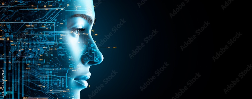 Human head in the form of a computer circuits on black background ...