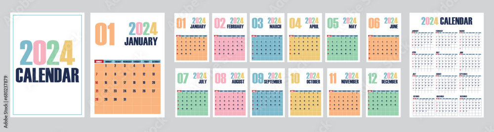 2024 Kids Calendar Design: Pastel Pink, Yellow, Green, Blue Colors ...