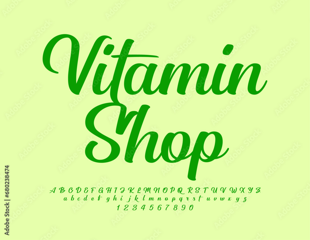 Vector elegant logo Vitamin Shop with green cursive Font. Set of ...