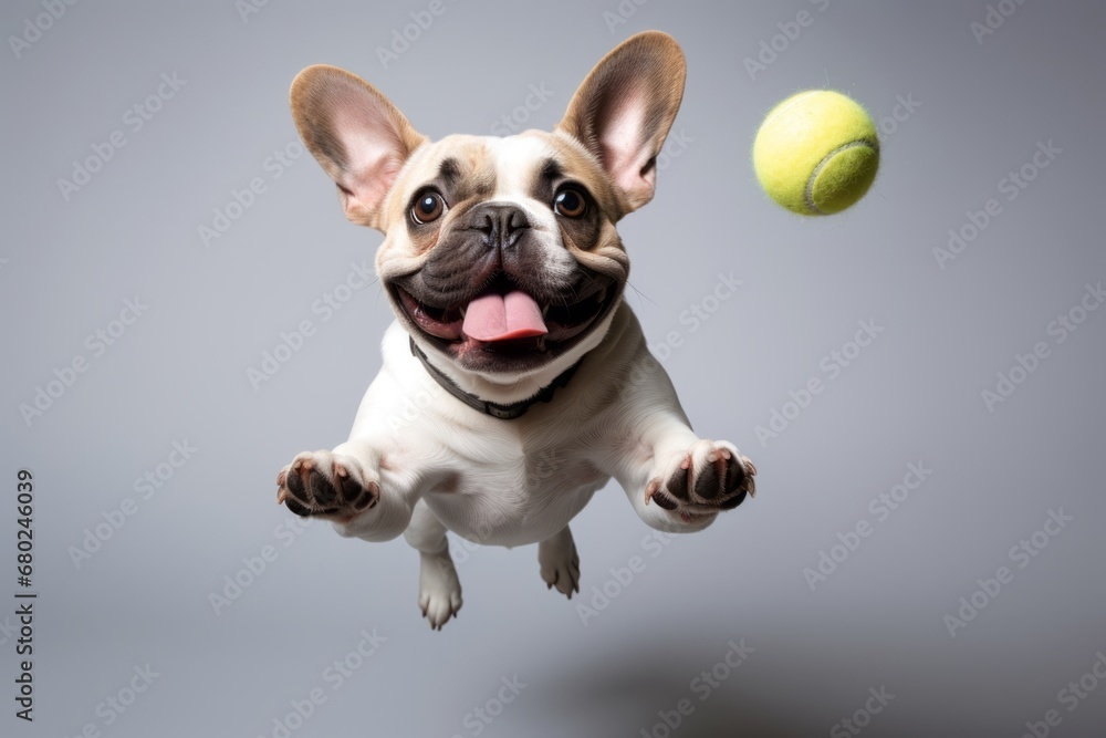 Headshot portrait photography of a funny french bulldog catching a ball ...