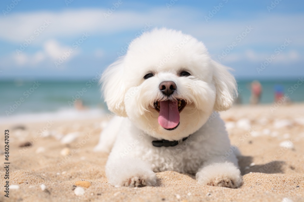 Lifestyle portrait photography of a happy bichon frise lying down ...