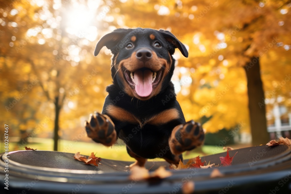 Lifestyle portrait photography of a happy rottweiler jumping on a ...