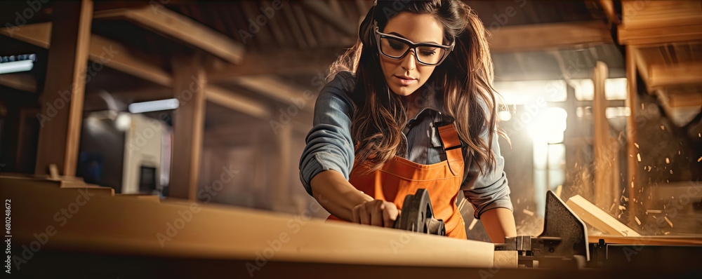 Woman carpenter using electric tool for cutting wood. woman work with ...