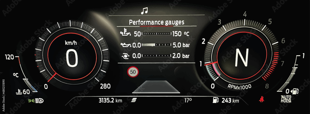 Car dashboard panel with speedometer, odometer, tachometer, fuel gauge ...