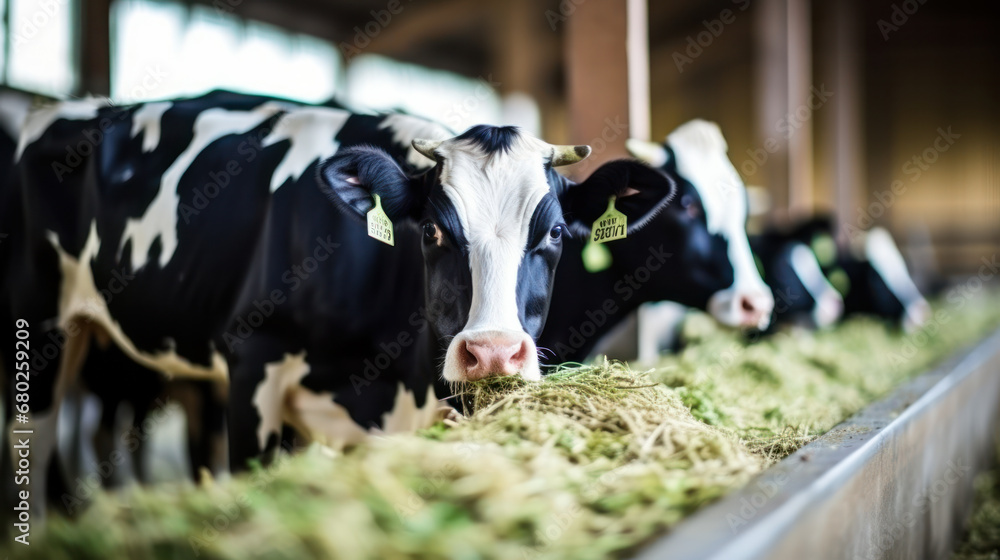 Healthy dairy cows feeding on fodder standing in row of stables in ...